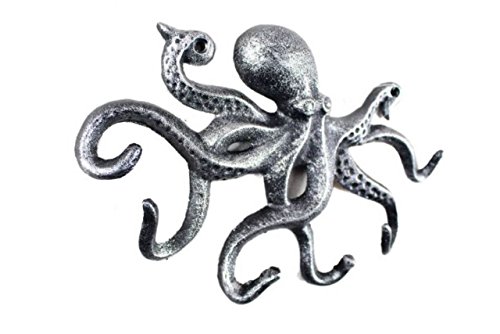 Antique Silver Cast Iron Octopus Hook 11 Inch - Decorative Hook - Sealife Metal Wall Hook