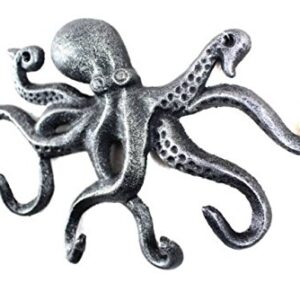 Antique Silver Cast Iron Octopus Hook 11 Inch - Decorative Hook - Sealife Metal Wall Hook