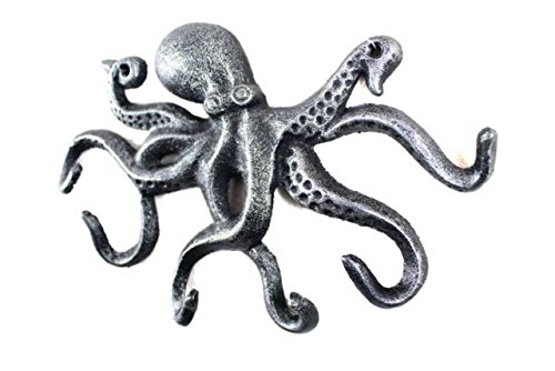 Antique Silver Cast Iron Octopus Hook 11 Inch - Decorative Hook - Sealife Metal Wall Hook