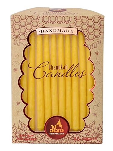 Beeswax Chanukah Candles Standard Size Fits Most Menorahs - Yellow Beeswax Hanukkah Candles - Premium Quality Pure Bees Wax - 45 Count for All 8 Nights of Hanukkah - by Ner Mitzvah