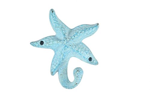 Hampton Nautical K-1112-starfish-dark blue Whitewashed Cast Iron Starfish Hook, 6", Dark Blue