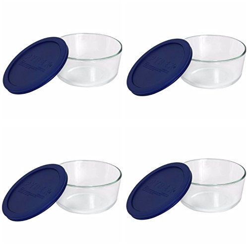 Pyrex Storage Plus 7-cup Round Glass Food Storage Dish Blue Plastic Covers (Pack of 4 Containers) Made in the USA