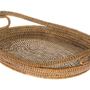 KOUBOO La Jolla Oval Rattan Tray with Looped Handles, Honey Brown, Small