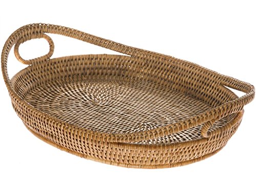 KOUBOO La Jolla Oval Rattan Tray with Looped Handles, Honey Brown, Small