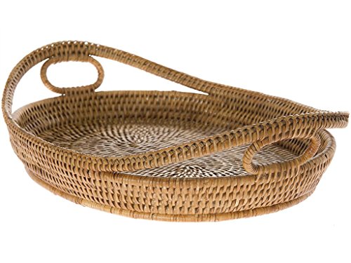 KOUBOO La Jolla Oval Rattan Tray with Looped Handles, Honey Brown, Small