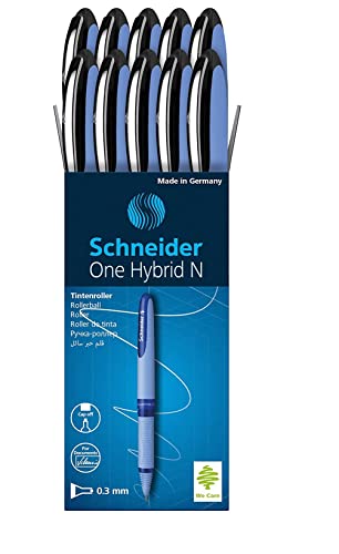 Schneider One Hybrid N Rollerball Pen, 0.3 mm Hybrid Needle Tip, Light Blue Barrel, Black Ink, Box of 10 Pens (183401)