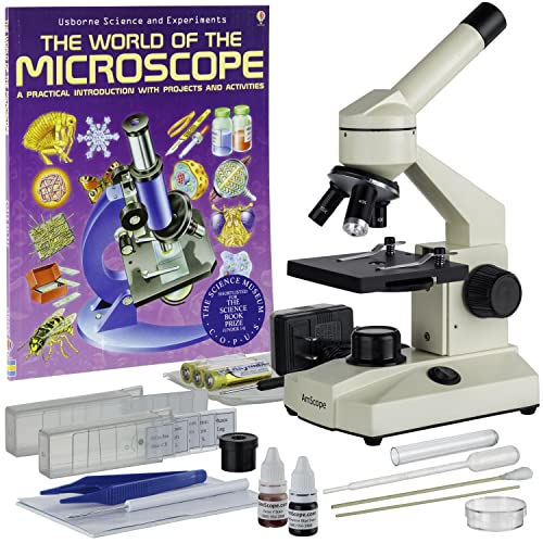 AmScope - 40X-1000X Cordless LED Student Biological Compound Microscope + Slide Preparation Kit + World of The Microscope Book - M100C-LED-SP14-WM