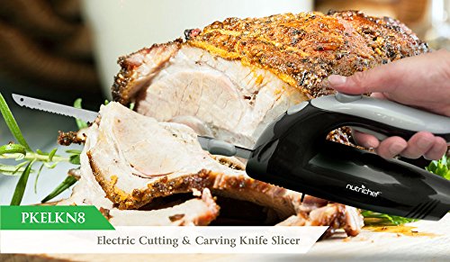 NutriChef Upgraded Premium NutriChef Electric Knife - 8.9" Carving Knife, Serrated Blades, Lightweight, Ergonomic Design Easy Grip, Easy Blade Removal, Great For Thanksgiving, Meat & Cheese, Black -