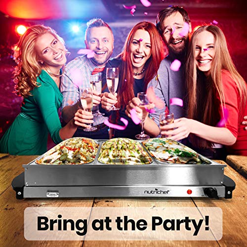 NutriChef 3 Buffet Warmer Server Professional Hot Plate Food Warmer Station , Easy Clean Stainless Steel , Portable & Great for Parties Holiday & Events Max Temp 175F