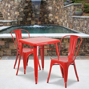 flash furniture commercial grade 23.75" square red metal indoor-outdoor table set with 2 stack chairs