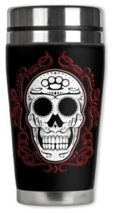 mugzie fancy skull travel mug with insulated wetsuit cover, 16 oz, black