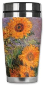 mugzie monet sunflowers travel mug with insulated wetsuit cover, 16 oz, black