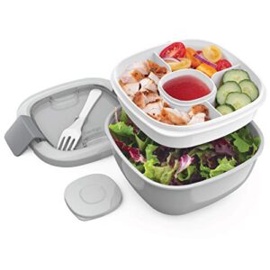 bentgo® salad - stackable lunch container with large 54-oz salad bowl, 4-compartment bento-style tray for toppings, 3-oz sauce container for dressings, built-in reusable fork & bpa-free (gray)