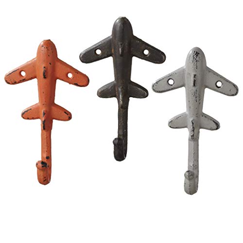 Orange Brown and White Airplanes Single Wall Hooks Cast Iron Set of 3