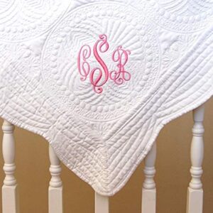 Monogram Baby Quilt 36 x 46 Inches White Blanket Cotton