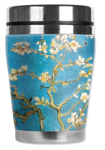 Mugzie Van Gogh Almond Blossoms"Mini" Travel Mug with Insulated Wetsuit Cover, 12 oz, Black