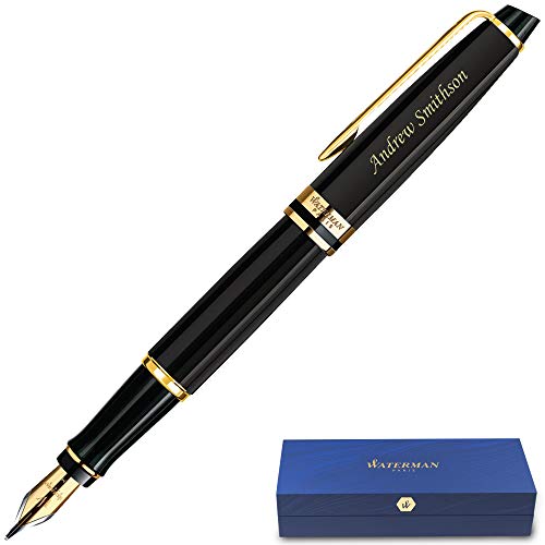 Personalized Waterman Fountain Pen | Engraved Waterman Expert Fountain Pen Black with Gold Trim. Custom Engraved By Dayspring Pens.