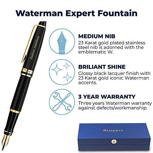 Personalized Waterman Fountain Pen | Engraved Waterman Expert Fountain Pen Black with Gold Trim. Custom Engraved By Dayspring Pens.