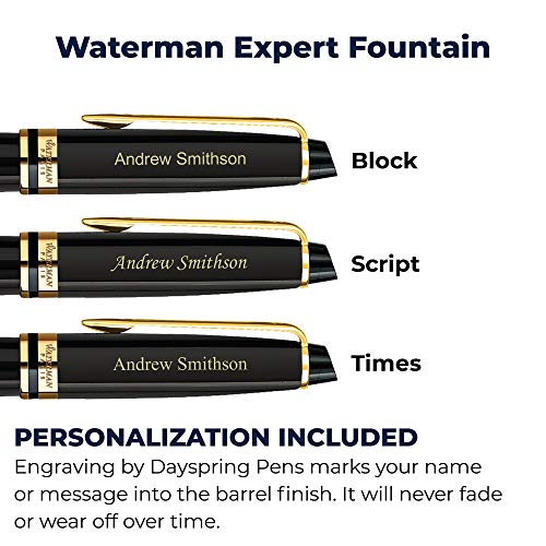 Personalized Waterman Fountain Pen | Engraved Waterman Expert Fountain Pen Black with Gold Trim. Custom Engraved By Dayspring Pens.