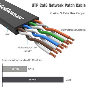 Cat 6 Ethernet Cable 100 ft, Indoor&Outdoor, High Speed Flat Internet Network Cable - Cat6 Ethernet Patch Cable Long - Black Computer LAN Cable + Free Cable Clips and Straps