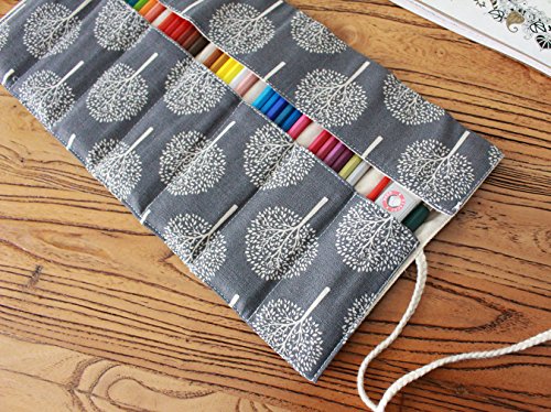 CreooGo Canvas Pencil Wrap, Pencils Roll Case Pouch Hold for 72 Colored Pencils (Pencils are not Included)-Tree,72 Holes