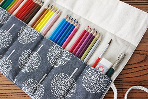 CreooGo Canvas Pencil Wrap, Pencils Roll Case Pouch Hold for 72 Colored Pencils (Pencils are not Included)-Tree,72 Holes