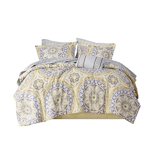 Madison Park Essentials Serenity Bed in a Bag Comforter Set, Medallion Damask Design, All Season Bedding with Cotton Sheet Set, Bedskirt, Queen(90"x90"), Yellow 9 Piece