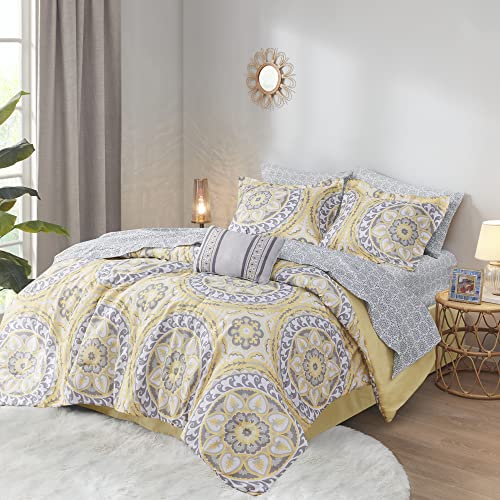 Madison Park Essentials Serenity Bed in a Bag Comforter Set, Medallion Damask Design, All Season Bedding with Cotton Sheet Set, Bedskirt, Queen(90"x90"), Yellow 9 Piece