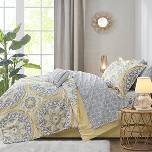 Madison Park Essentials Serenity Bed in a Bag Comforter Set, Medallion Damask Design, All Season Bedding with Cotton Sheet Set, Bedskirt, Queen(90"x90"), Yellow 9 Piece