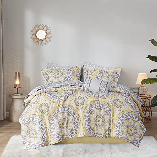 Madison Park Essentials Serenity Bed in a Bag Comforter Set, Medallion Damask Design, All Season Bedding with Cotton Sheet Set, Bedskirt, Queen(90"x90"), Yellow 9 Piece