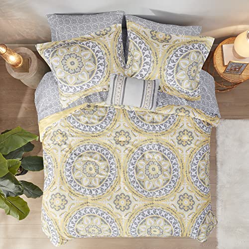 Madison Park Essentials Serenity Bed in a Bag Comforter Set, Medallion Damask Design, All Season Bedding with Cotton Sheet Set, Bedskirt, Queen(90"x90"), Yellow 9 Piece