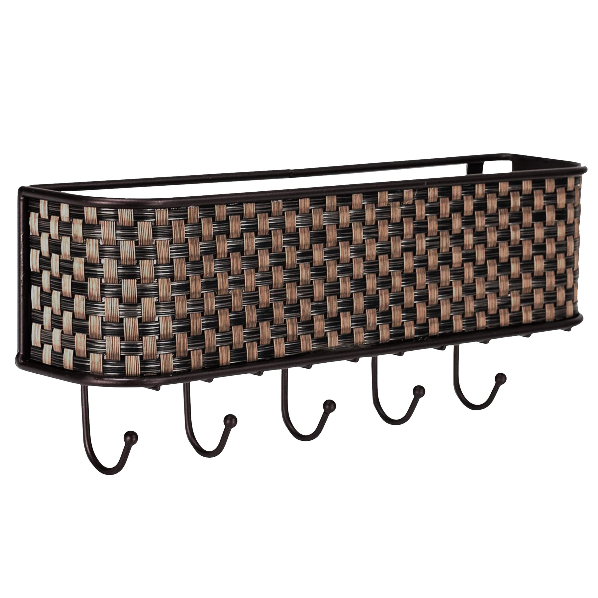 Home Basics Wall Mount Mail Letter Organizer Basket Shelf and 5 Key Hook/Holder in Brown Weave