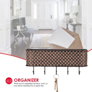 Home Basics Wall Mount Mail Letter Organizer Basket Shelf and 5 Key Hook/Holder in Brown Weave