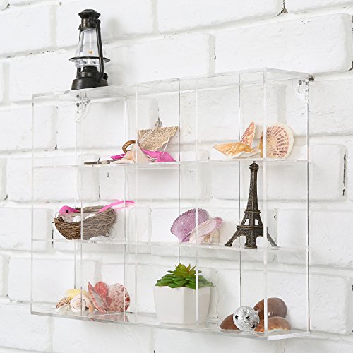 MyGift Wall Mounted Clear Acrylic Collectible Figure Display Case with 12 Compartments for Mini Toys, Crystals and Stone Showcase Shadow Box Shelf