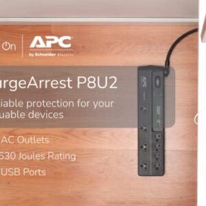 APC Power Strip with USB Charging Ports, Surge Protector P8U2, 2630 Joules, Flat Plug, 8 Outlets