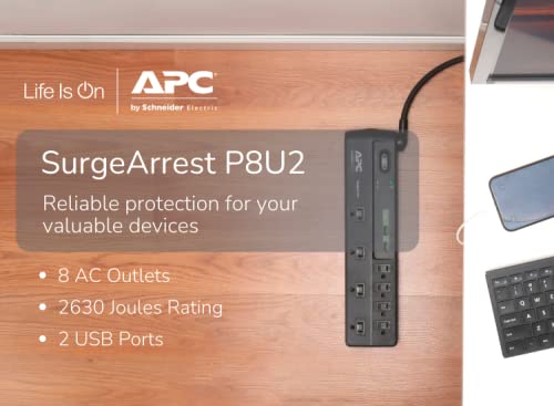 APC Power Strip with USB Charging Ports, Surge Protector P8U2, 2630 Joules, Flat Plug, 8 Outlets