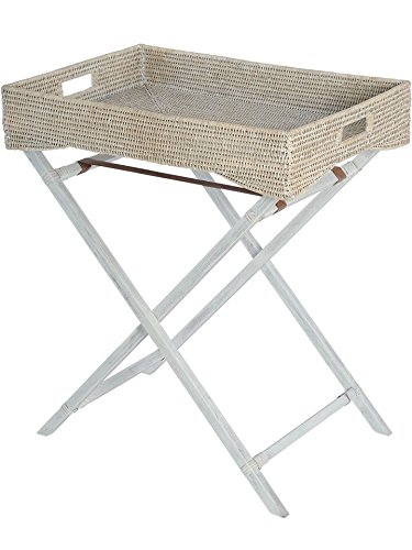 KOUBOO La Jolla Rattan Butler Tray with Folding Wood Stand, White Wash