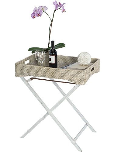 KOUBOO La Jolla Rattan Butler Tray with Folding Wood Stand, White Wash