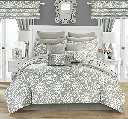 Chic Home Hailee 24 Piece Comforter Set Complete Bed in a Bag Pleated Ruffles and Reversible Print with Sheet Set and Window Treatment, Queen Silver,CS1966-AN