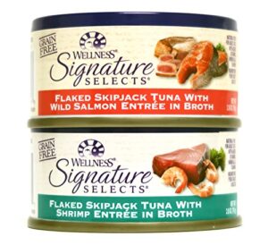 wellness natural grain free signature selects flaked wet cat food variety pack box - 2 flavors (wild salmon & shrimp) - 2.8 ounces each (12 total cans)