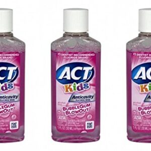 ACT Kids Anti-Cavity Fluoride Rinse, Bubblegum Blowout Travel Size 1 Oz (Pack of 3)