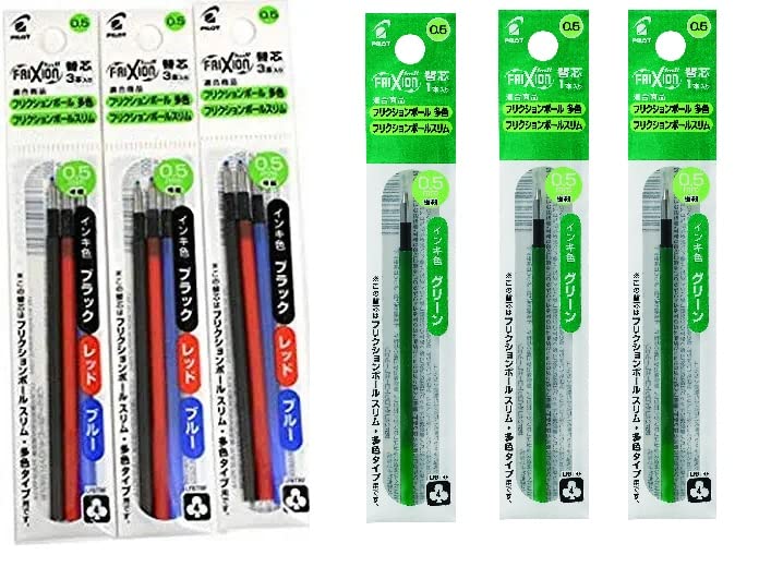 Pilot Frixion Ball Point Pen Spare Slim Inks 0.5mm for Multi Ink Ball Point Pen (Black,Red,Blue,Green) 3 Packs Set Total 12 Spare Inks from Japan