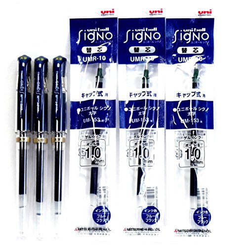 Uni-Ball Signo Broad Point Gel Impact Pen Blue Black Ink (UM153.64), 3 pens + Refill (UMR10.64)×3 Packs/total 3 Refills Set (Japan Import) [Komainu-Dou Original Package]