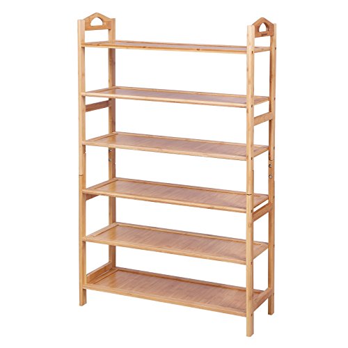 SONGMICS Bamboo Entryway Shoe Shelf Storage Organizer, Ideal for Hallway Bathroom Garden, 6-tier, Fresh Maple