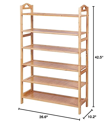 SONGMICS Bamboo Entryway Shoe Shelf Storage Organizer, Ideal for Hallway Bathroom Garden, 6-tier, Fresh Maple