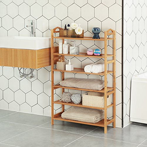 SONGMICS Bamboo Entryway Shoe Shelf Storage Organizer, Ideal for Hallway Bathroom Garden, 6-tier, Fresh Maple