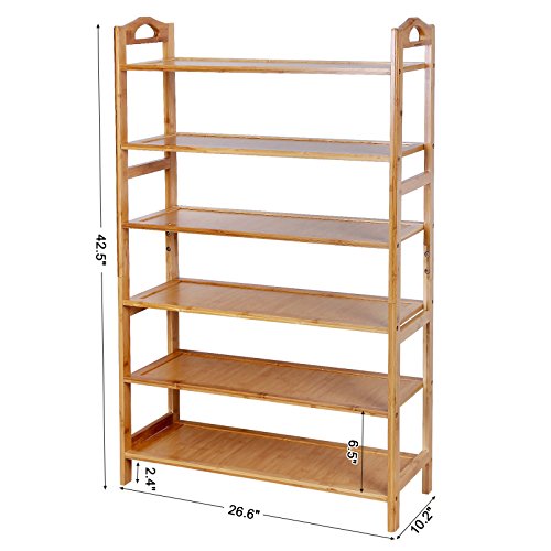 SONGMICS Bamboo Entryway Shoe Shelf Storage Organizer, Ideal for Hallway Bathroom Garden, 6-tier, Fresh Maple