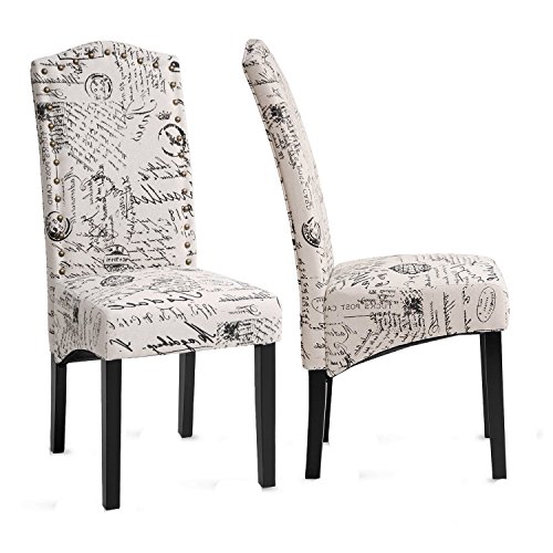 Script Fabric Accent Chair Dining Room Chair with Solid Wood Legs, Beige,Set of 2