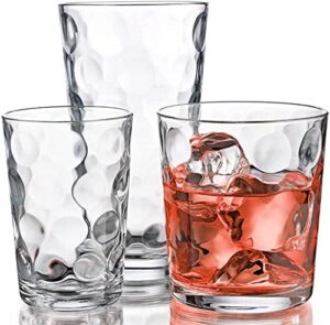 home essentials & beyond glassware set 18 piece mixed drinkware. set of 6 glass tumblers 17 oz., set of 6 rock 13 oz. and set of 6 juice 7 oz glass cups drinking glasses.