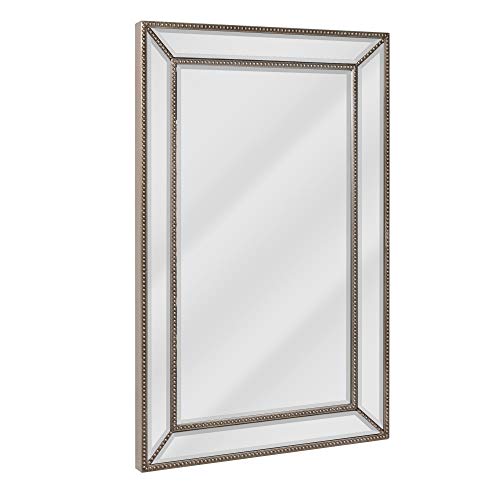 Head West Champagne Silver Metro Beaded Glass Framed Vanity Mirror for Bathroom - Large Beveled Edge - Wall Mirror with 4 D-Ring Hangers for Horizontal & Vertical Installation - 24"x 36"